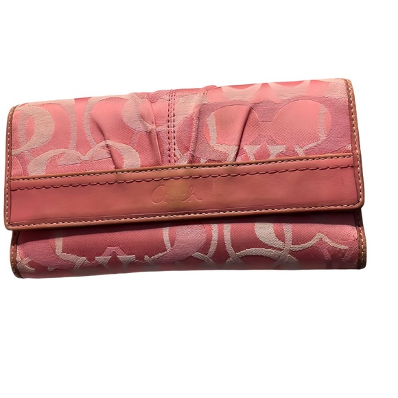 Coach | Bags | Coach Pink Canvas C Logo Wallet Checkbook Holder Leather ...